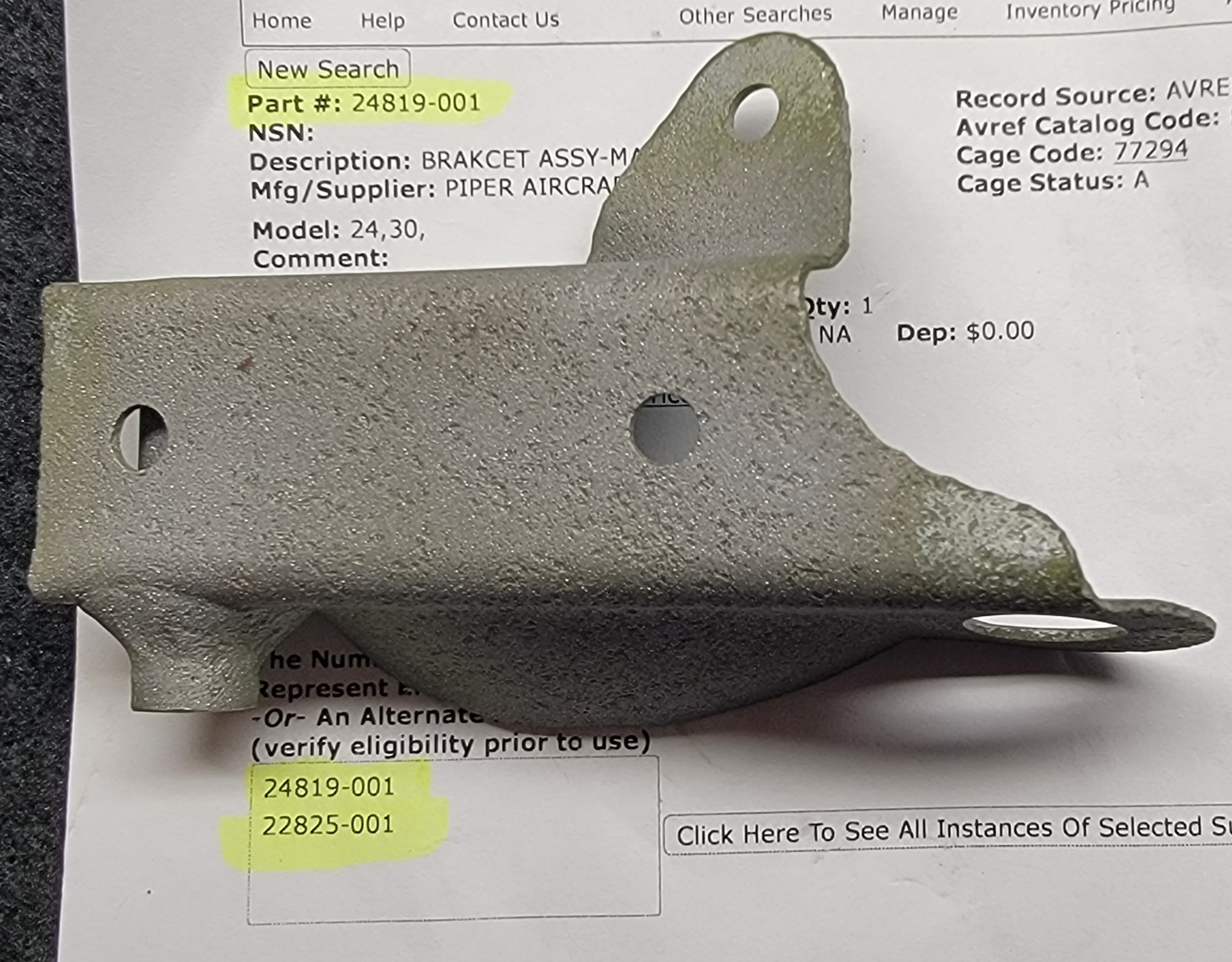 Piper PA 24/30 Bracket Assy. – MG Door RH PN#24819-001 - JT Evans ...