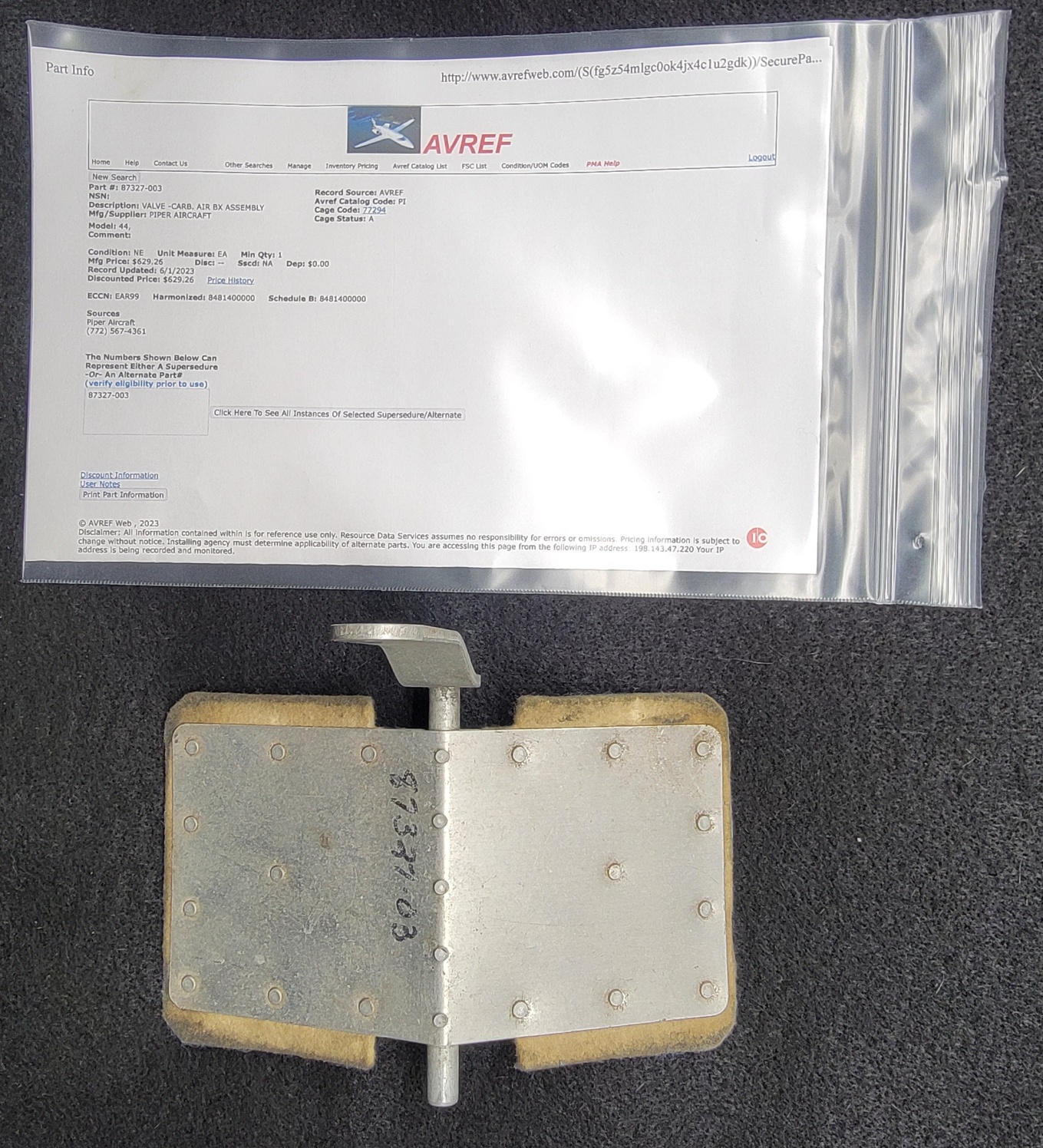Piper “Flapper” Valve for Carb Air Box Assy. - JT Evans Aircraft Sales ...